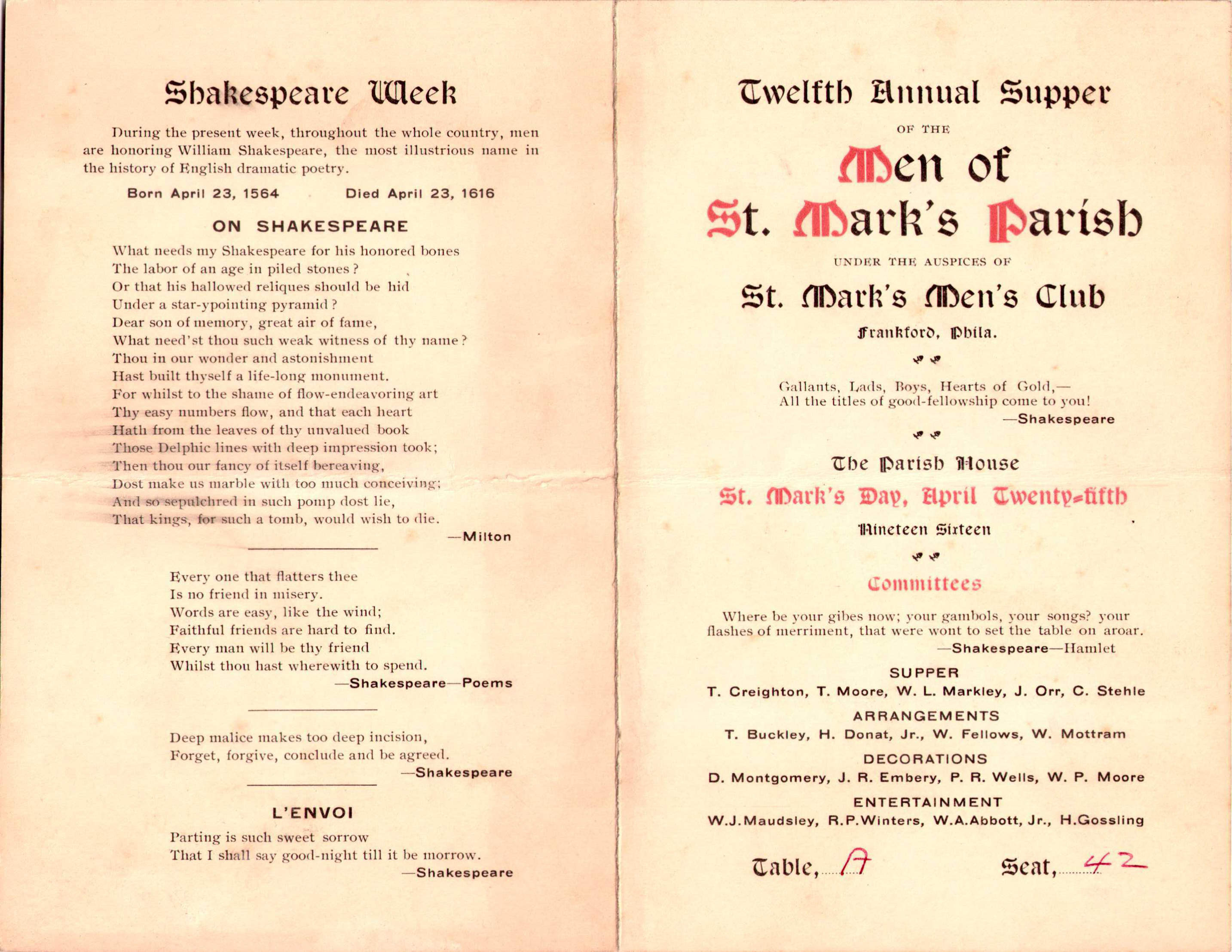 Program for the 12th Annual Supper of the Men of St. Mark’s Church ...